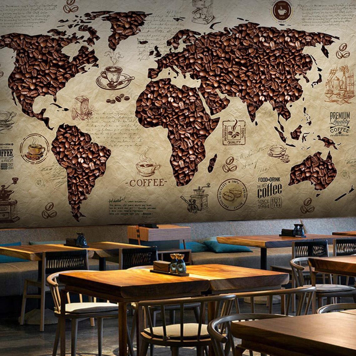 World Map Wallpaper With Coffee Beans Pattern, Wallpaper for Cafes ...