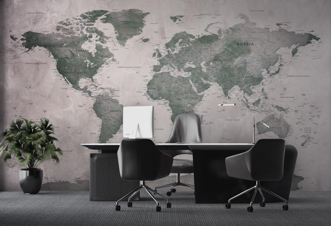 Map Wallpaper in Green Tones, Office Decor Map Wallpaper, Stylish Peel ...