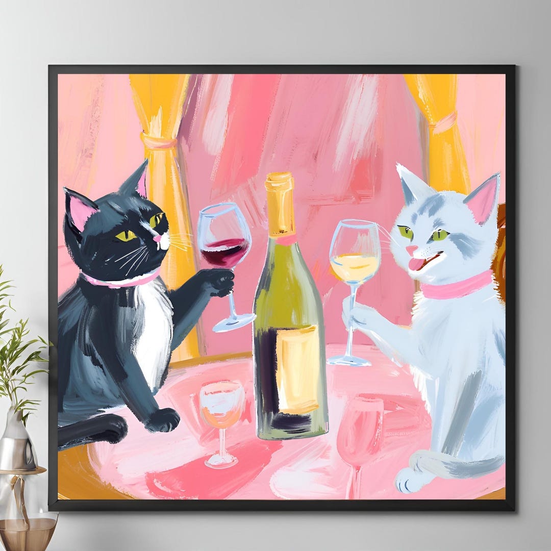 Cheers, Cats Drinking Wine, Cat With Wine Poster, Bar Cart Decor, Cat ...