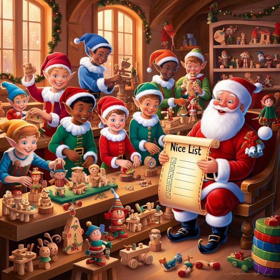 Santas Workshop: a Cheerful, Bustling Scene of Elves Making Toys With ...