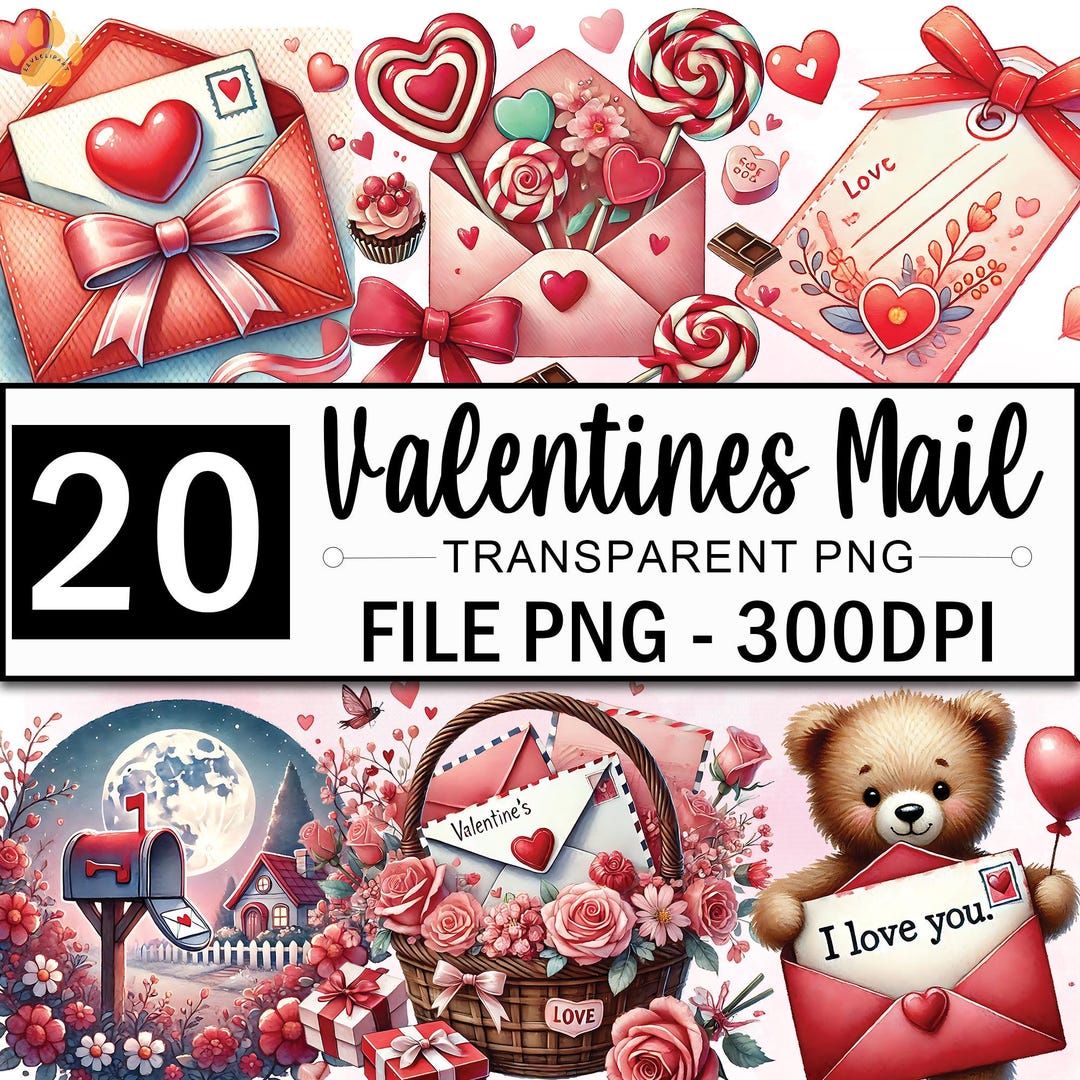 Watercolor Valentines Mail Clipart Bundle, 20 PNG Valentine Love Letter ...