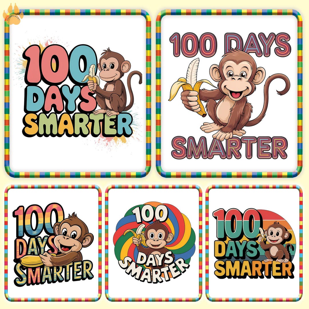 Happy 100 Days Monkey Clipart Bundle, 10 PNG 100 Days Brighter Clipart ...