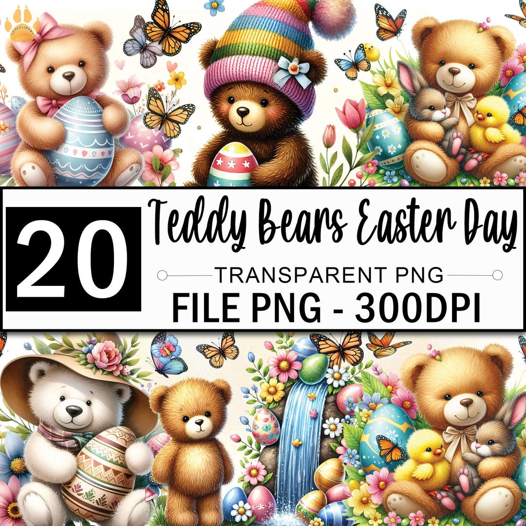 Watercolor Easter Teddy Bears Clipart Bundle PNG, 20 PNG Cute Baby Bear ...