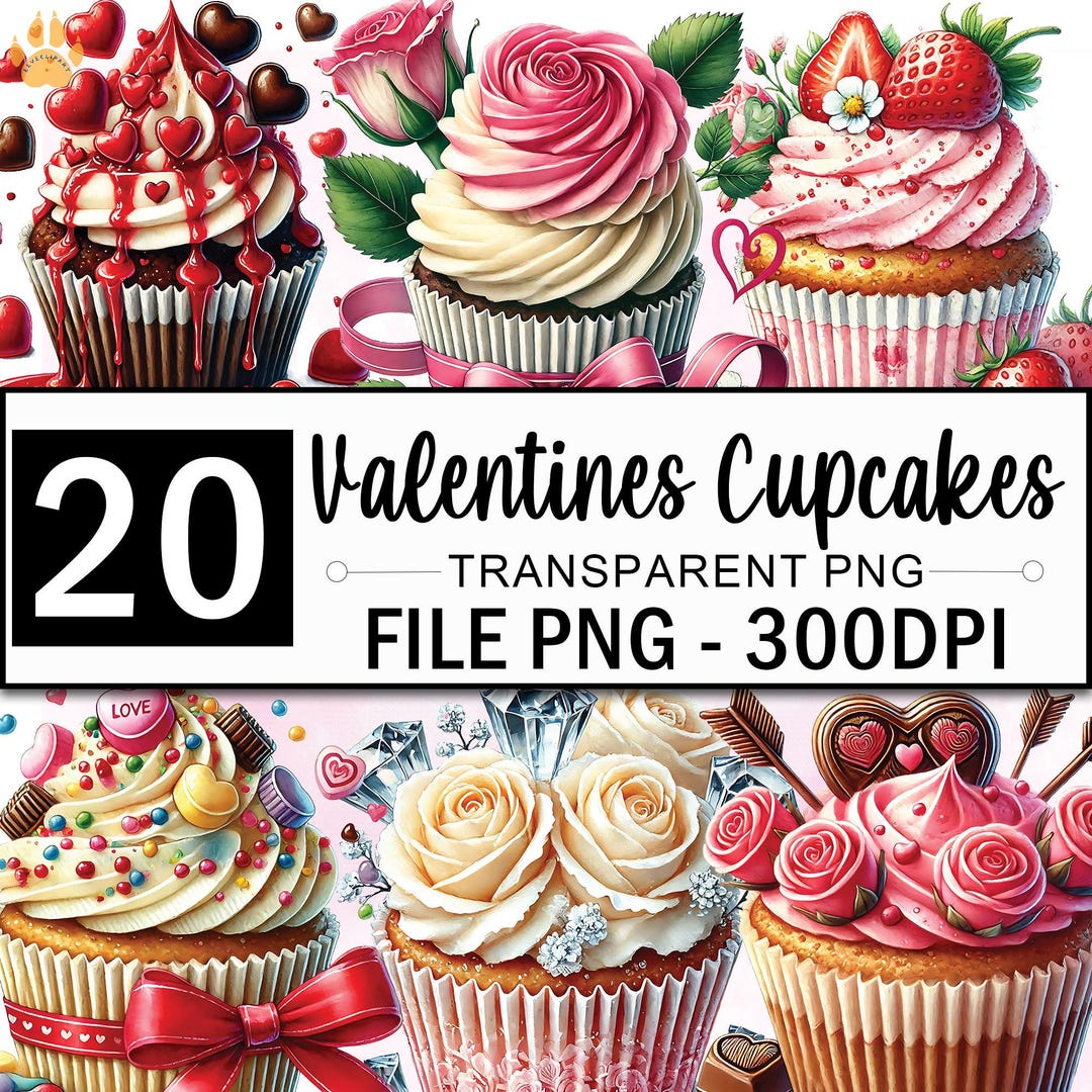 Watercolor Valentines Cupcake Clipart Bundle, 20 PNG Love Cupcake ...
