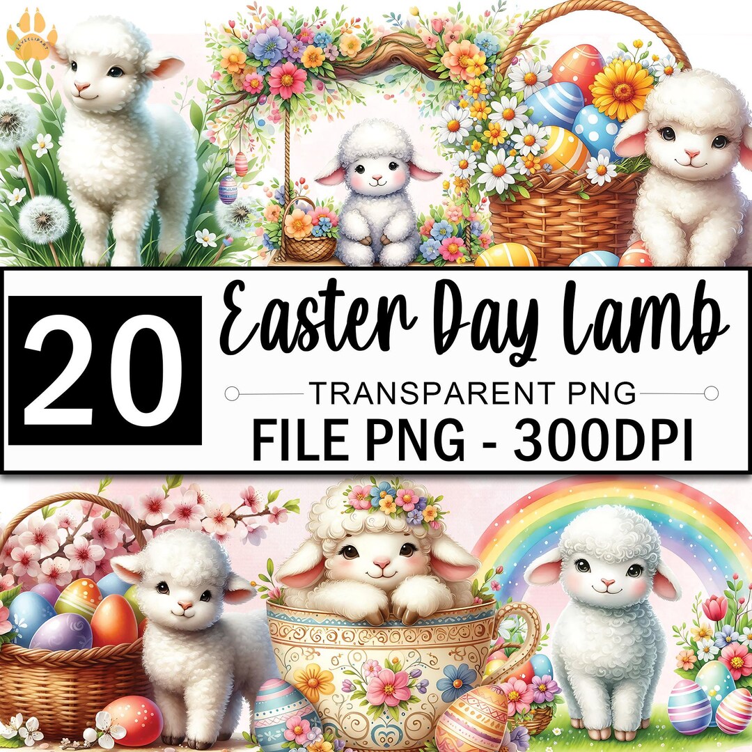 Watercolor Easter Lamb Clipart Bundle PNG, 20 PNG Spring Lamb, Happy ...