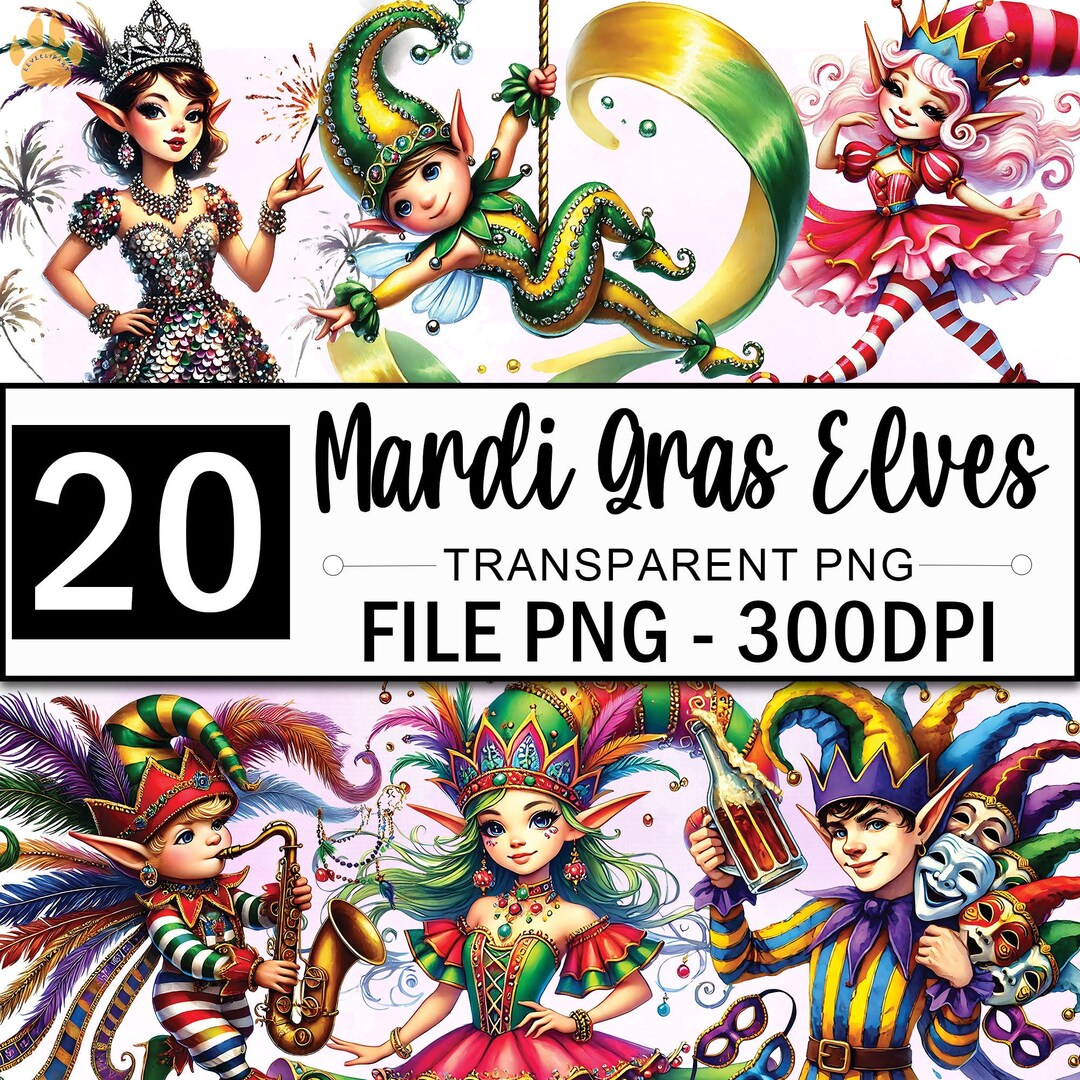 Watercolor Mardi Gras Elves Clipart Bundle, 20 PNG Festive Elf Clipart ...