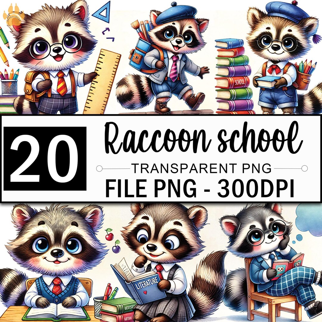 Raccoon 100 Days of School Clipart Bundle, 20 PNG Back to School ...