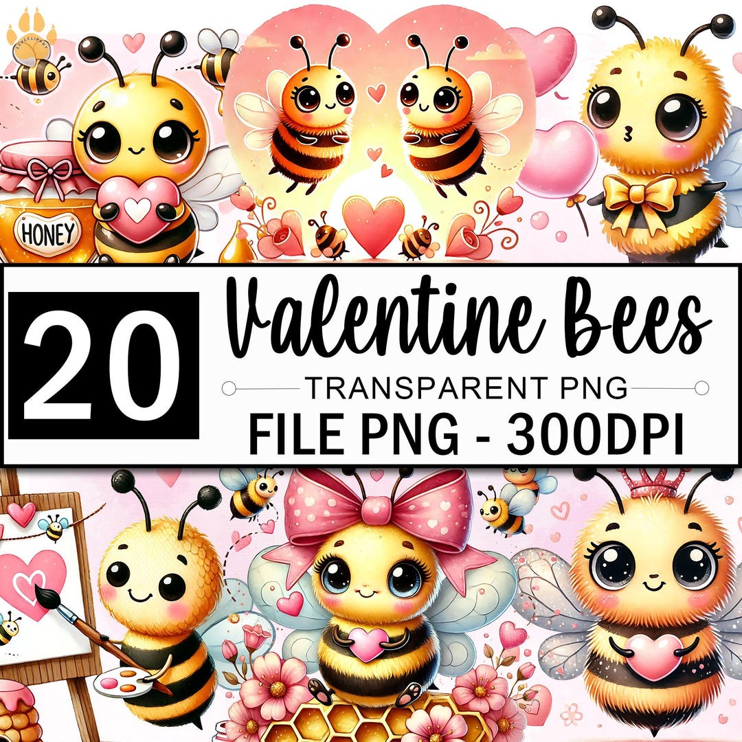Watercolor Valentine Bees Clipart Bundle, 20 PNG Valentine Bees Clipart ...