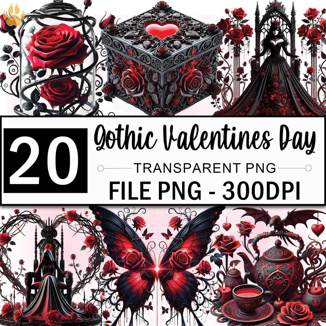 Gothic Valentines Day Clipart Bundle, 20 PNG Valentine Dark Clipart ...