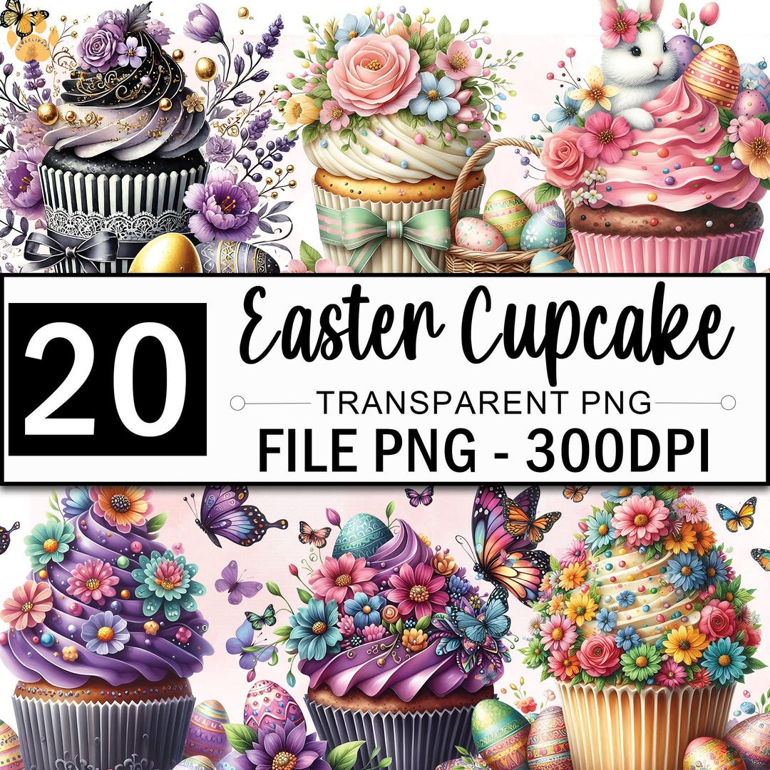 Watercolor Easter Cupcakes Clipart Bundle PNG, 20 PNG Sweet Easter ...