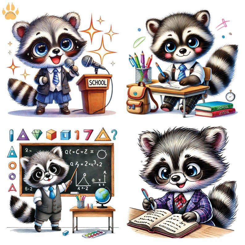 Raccoon 100 Days of School Clipart Bundle, 20 PNG Back to School ...