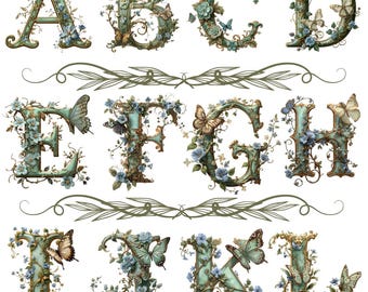 Teal Floral Alphabet Clipart: Ornate Monogram Letters (PNG JPEG ...