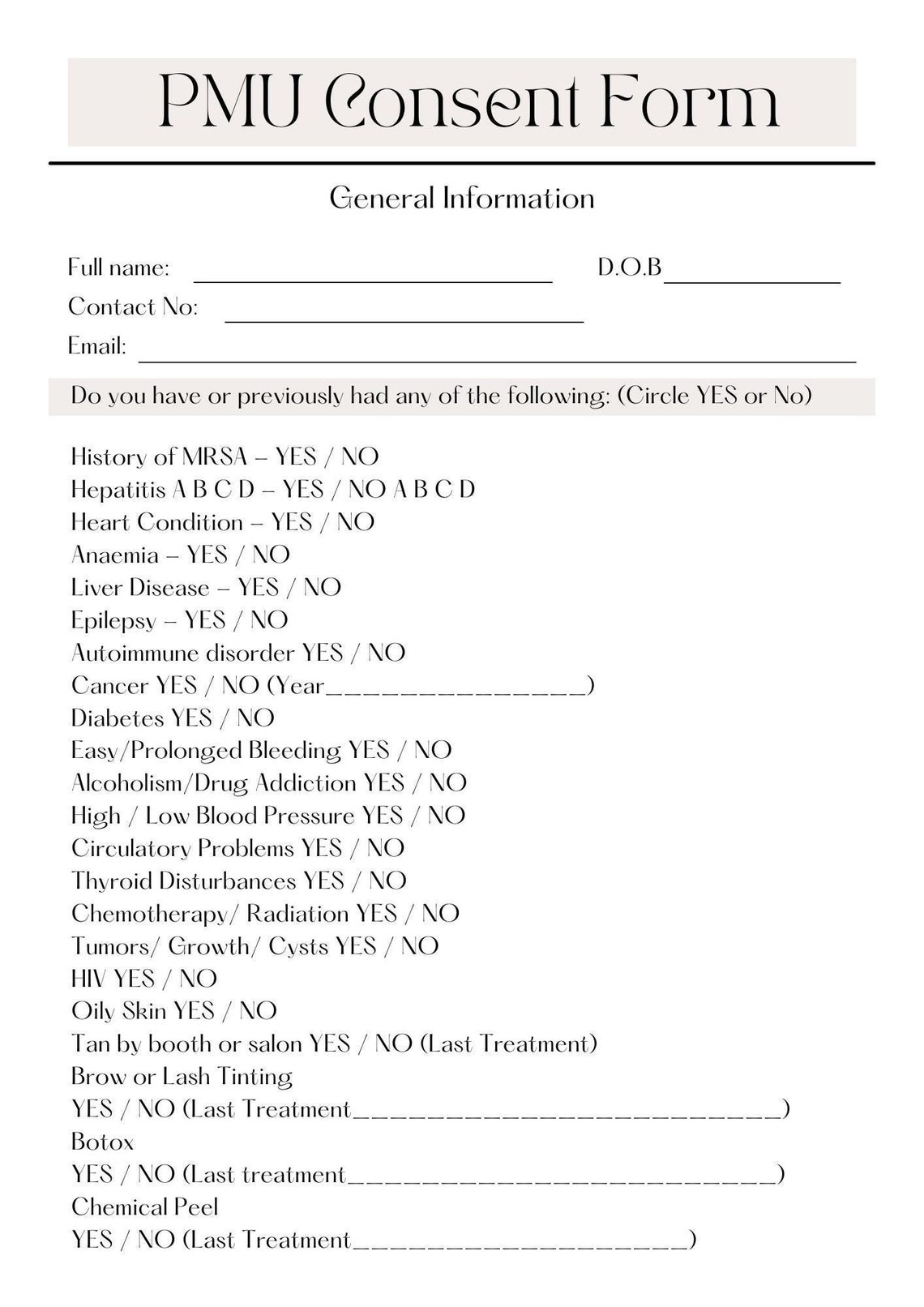 Permanent Makeup (PMU) Consent Form - Etsy