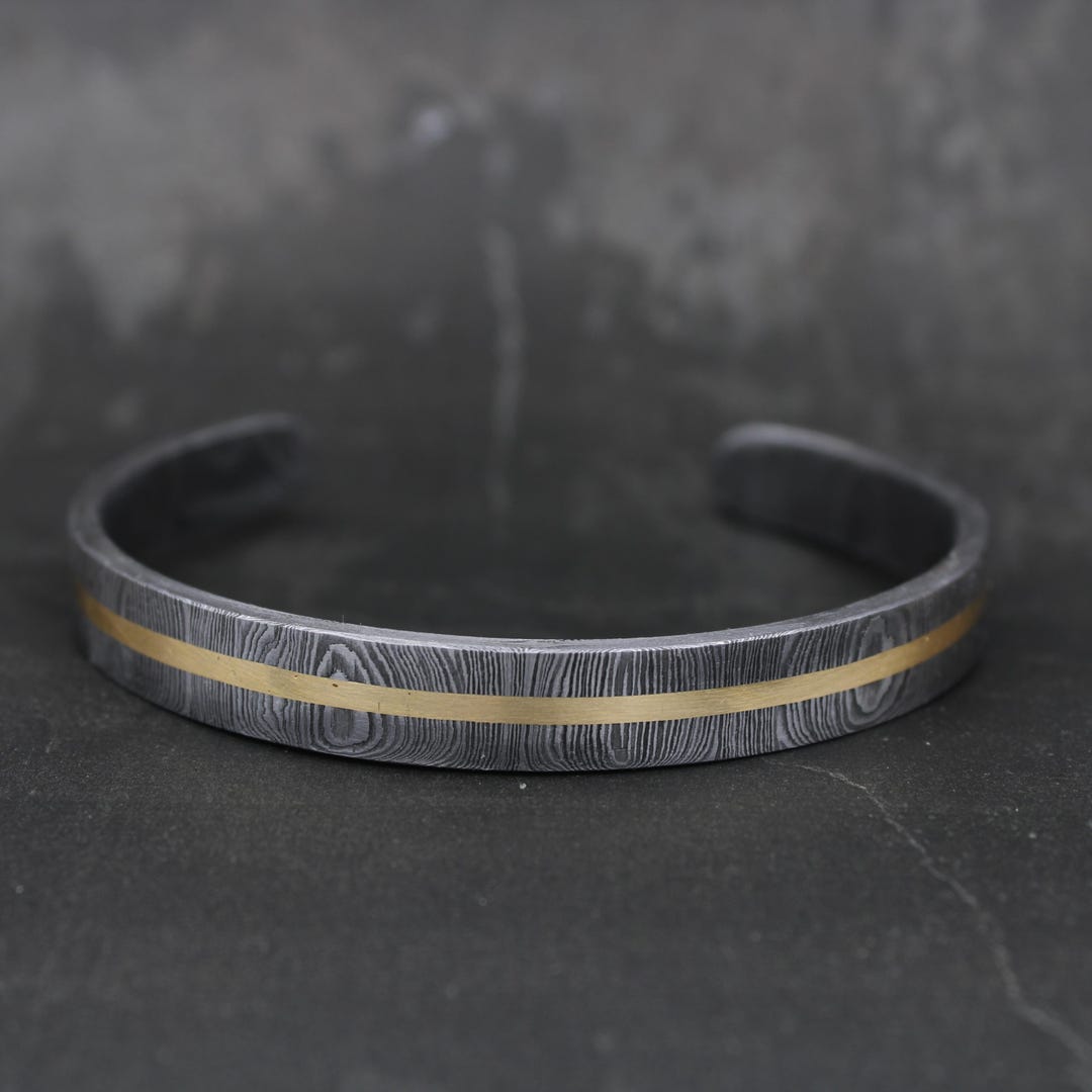 Damascus Bracelet Brass Inlay Hand Forged Steel Cuff Bracelet Viking ...