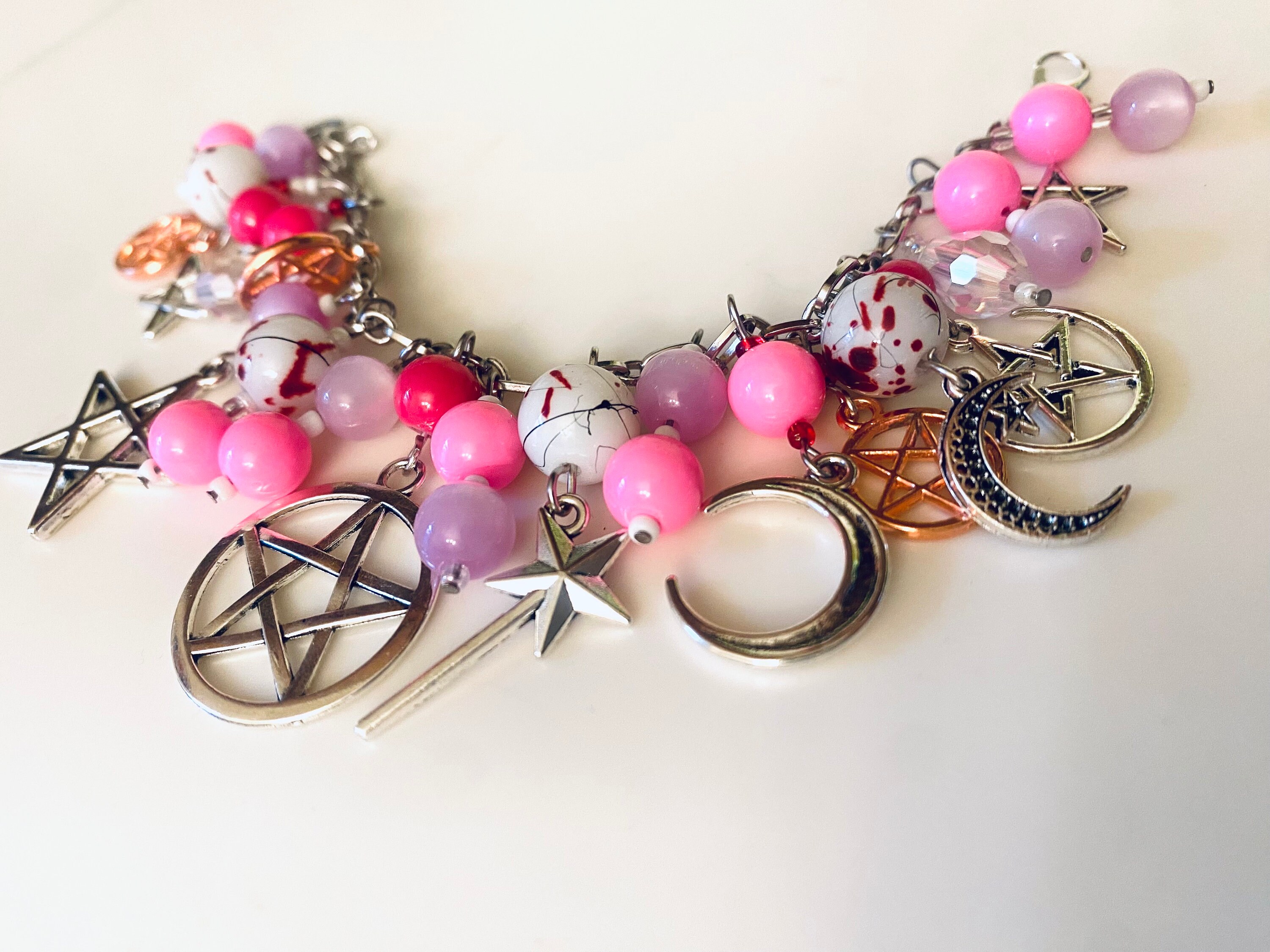 Colorful Hot Pink Sun, Moon & Stars Beaded Charm Bracelet W/ Lobster ...