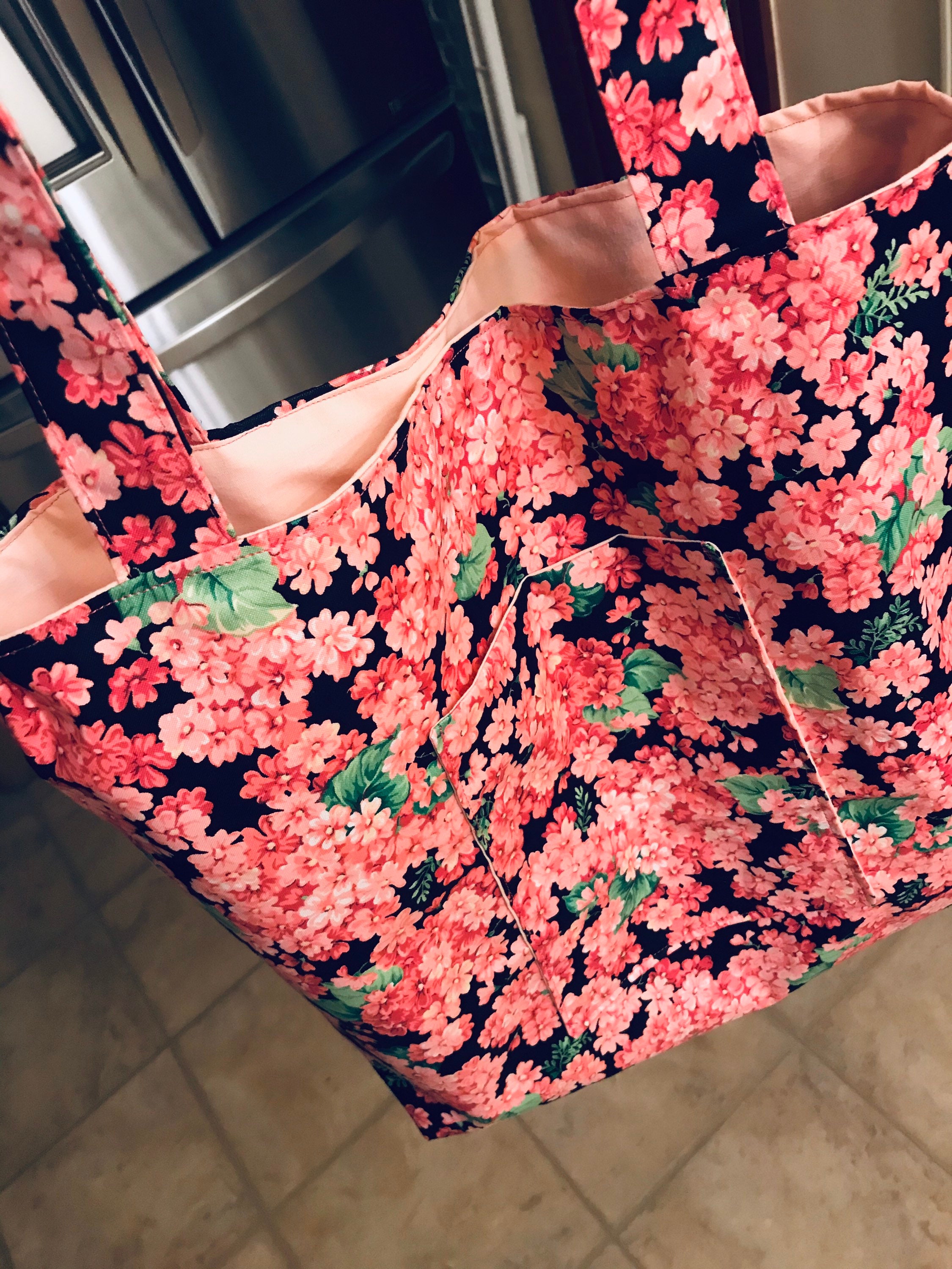 Vintage, Bright Pink, Floral Fabric Tote Bag W/ Pockets and Snap ...