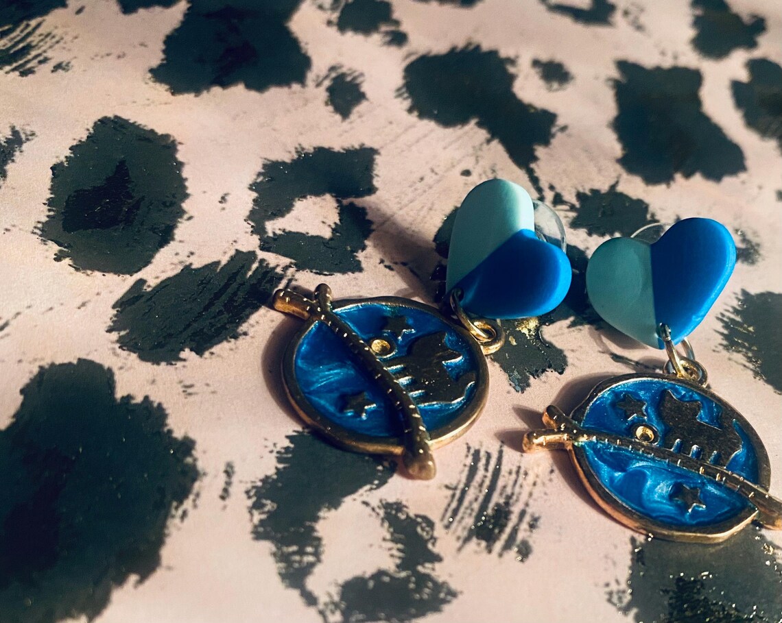 Pair of Golden Cat Earrings - Blue With Hearts - Etsy