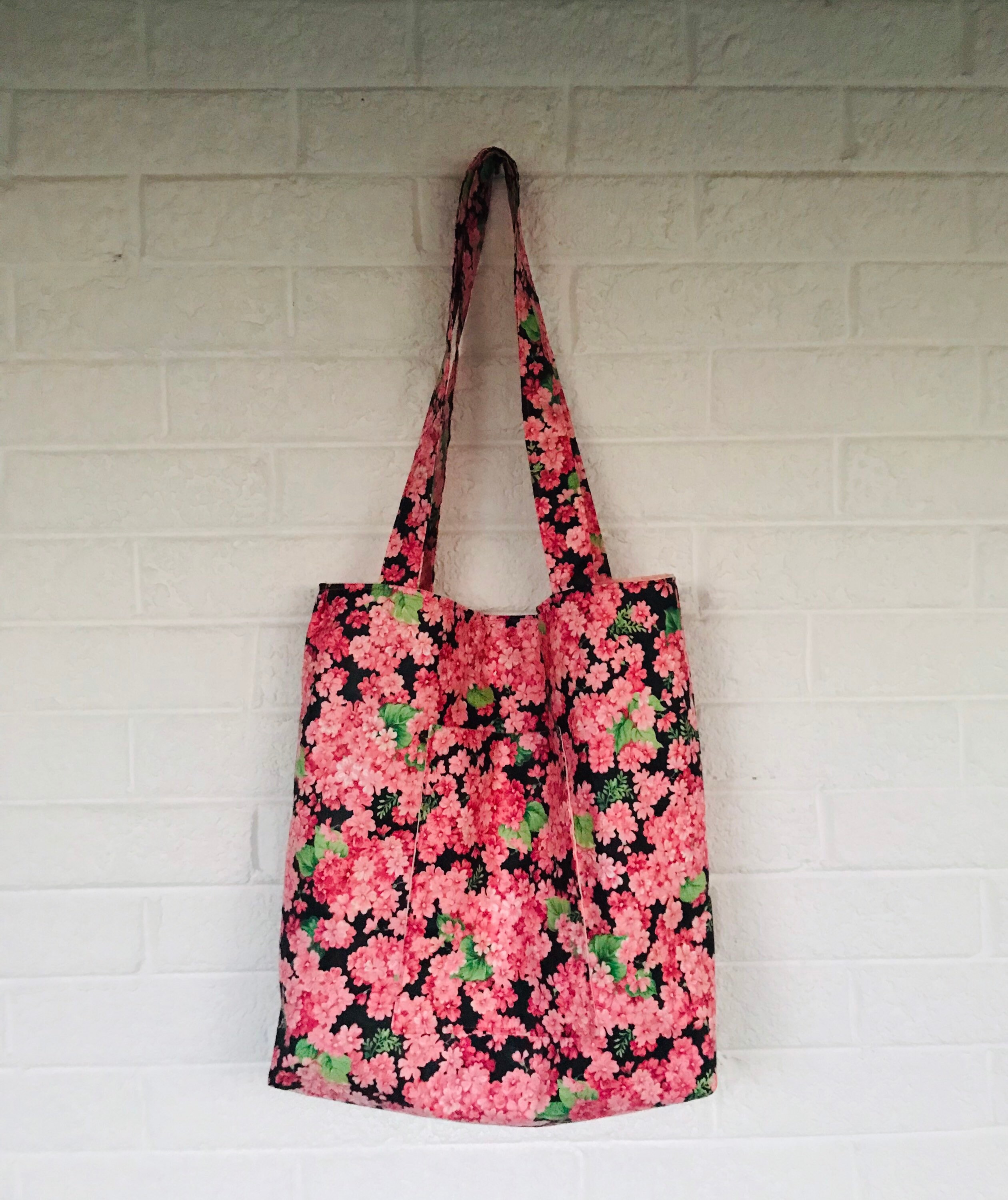 Vintage, Bright Pink, Floral Fabric Tote Bag W/ Pockets and Snap ...
