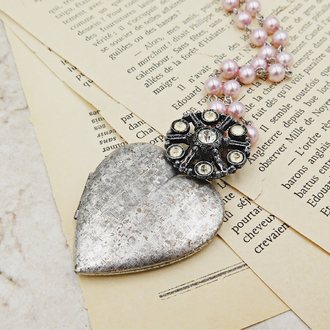 Large Silver Heart Locket, Vintage Rhinestone and Pink Pearl Chain ...
