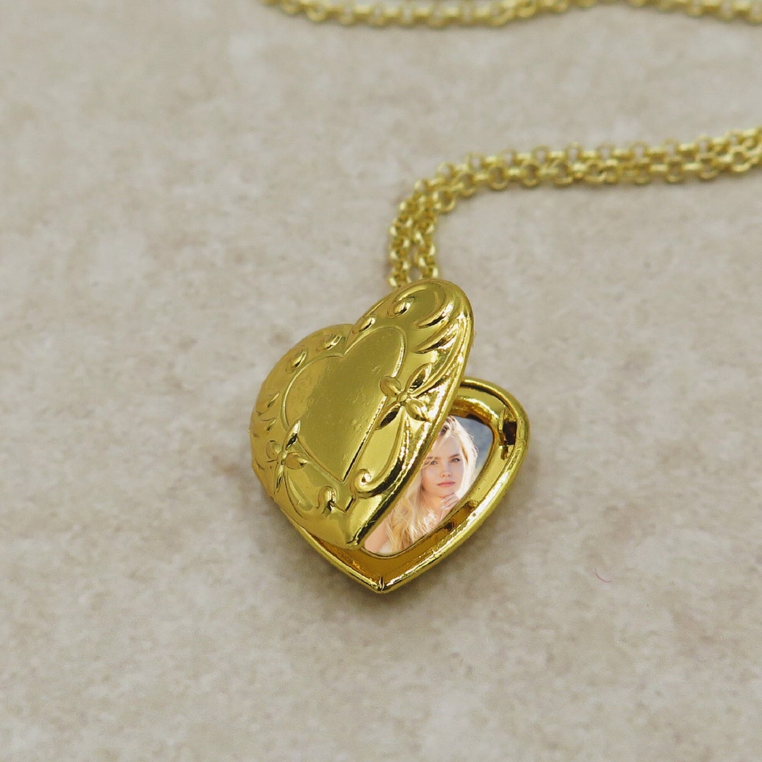 Tiny Gold Heart Locket With Photos, Art Deco Heart Necklace ...