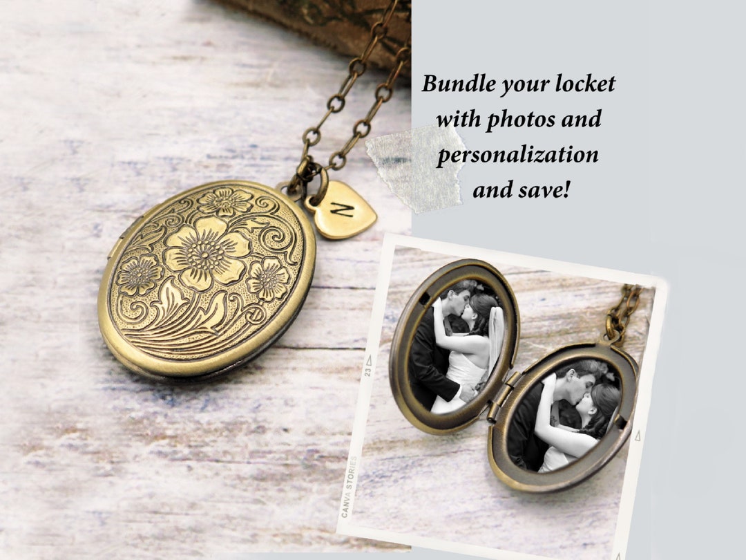 Floral Photo Locket Necklace: Personalized Initial Jewelry, Antique ...