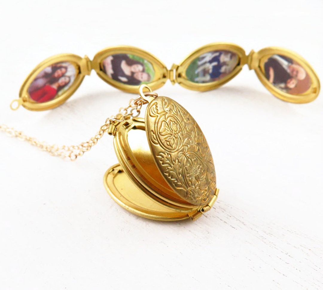 Gold Folding Locket Necklace, Family Tree Necklace, Four Photo Locket ...
