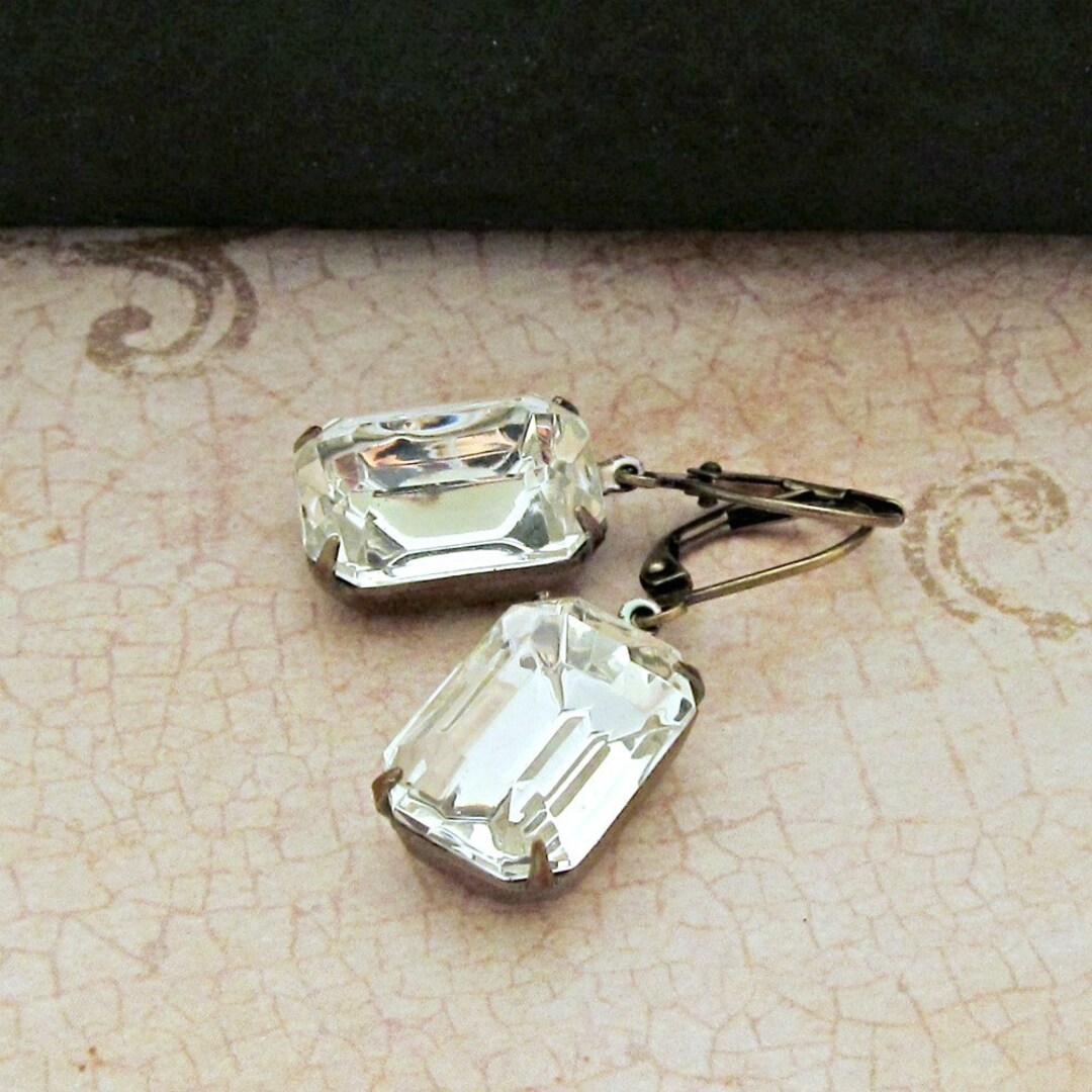 Vintage Emerald Cut Rhinestone Dangle Earrings: Antique Brass Bridal ...