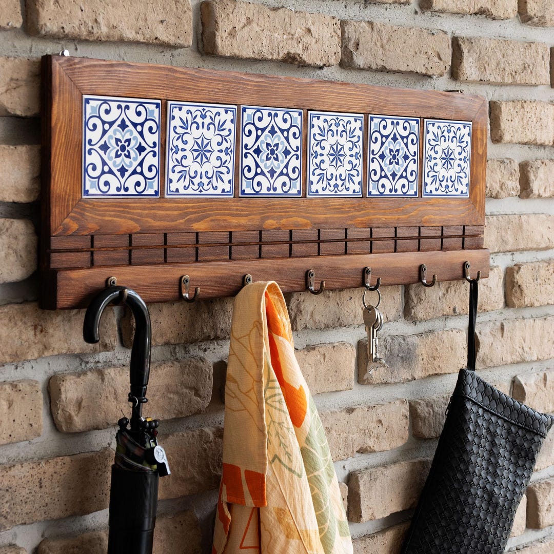 Coat Rack & Key Holder-walnut Wood Wall Hanger With Hooks-mexican Tile ...