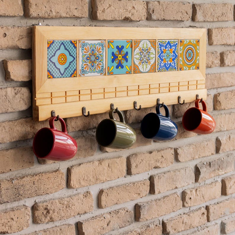 Coat Rack & Key Holder-walnut Wood Wall Hanger With Hooks-mexican Tile ...