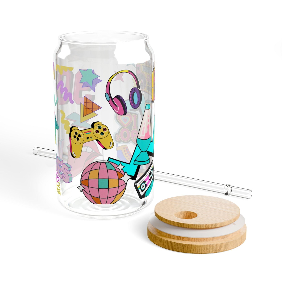 90s Style Glass Sipper Cup, Colorful Retro Glass With Lid and Straw ...