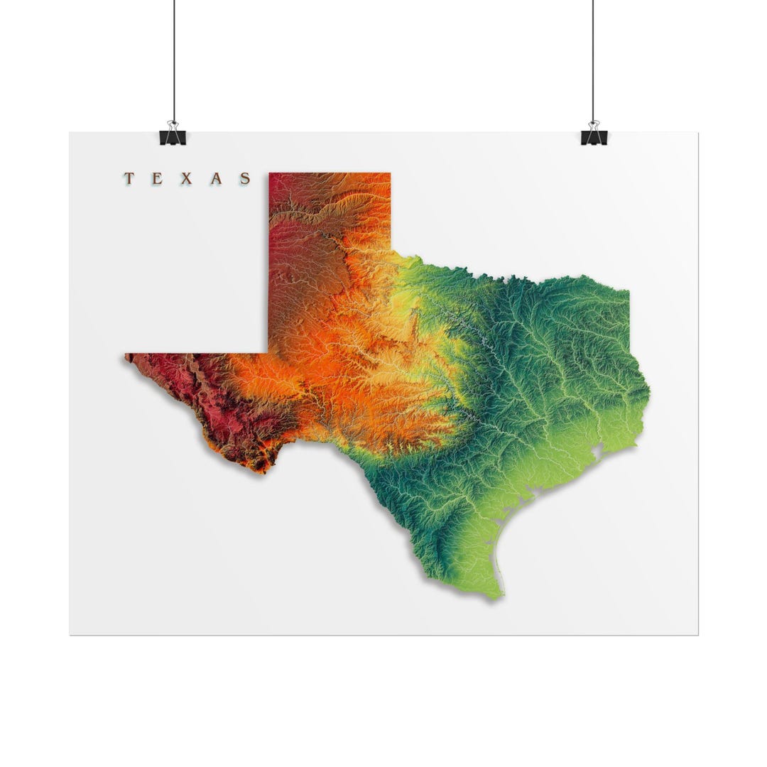 Texas Map Print, Texas Relief Map, 3D Shaded Terrain Map of Texas, High ...