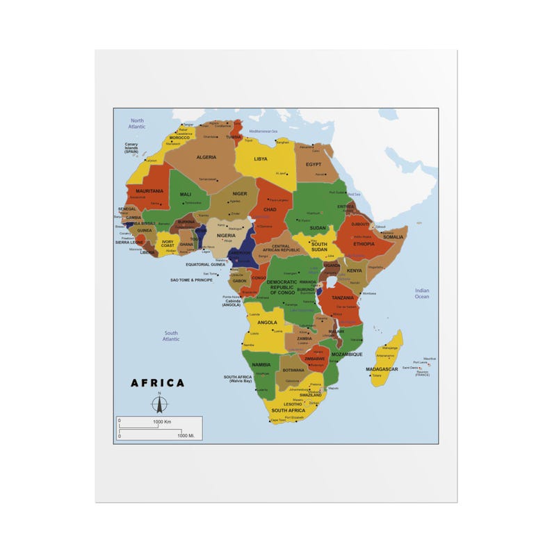 Printable Political Map of Africa |country Borders and Capitals | Educational Wall Art | Office ...