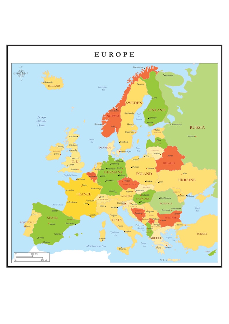 Buy Printable Political Map of Europe | Country Borders and Capitals ...