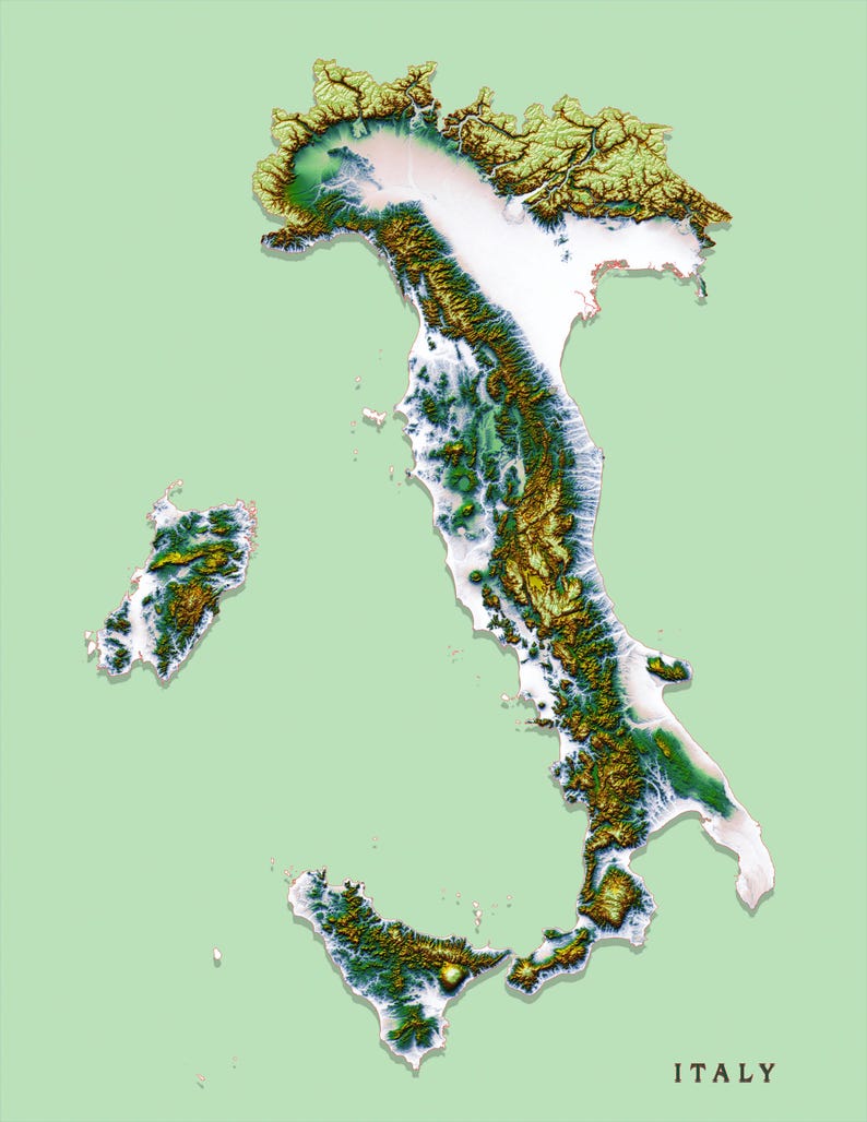 Italy Relief Map 3d Effect | Printable Hillshade Map |shaded Relief ...