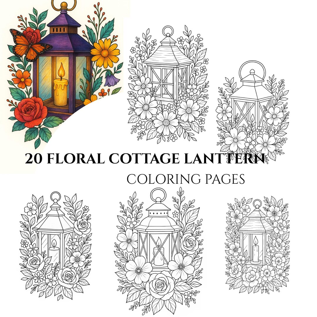 Floral Cottage Lantern Coloring Book: 20 Greyscale Pages (printable PDF ...