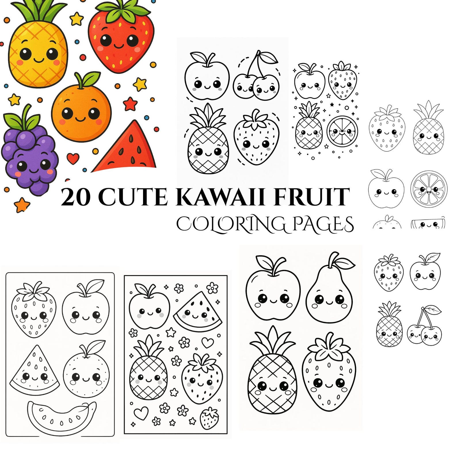 20 Cute Kawaii Fruit Coloring Pages - Adult and Kids Coloring Book ...