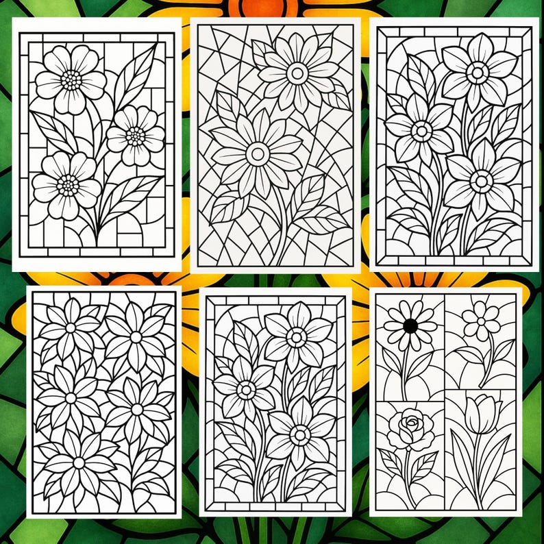 Stained Glass Flower Coloring Pages: Grayscale Floral Designs (PDF ...