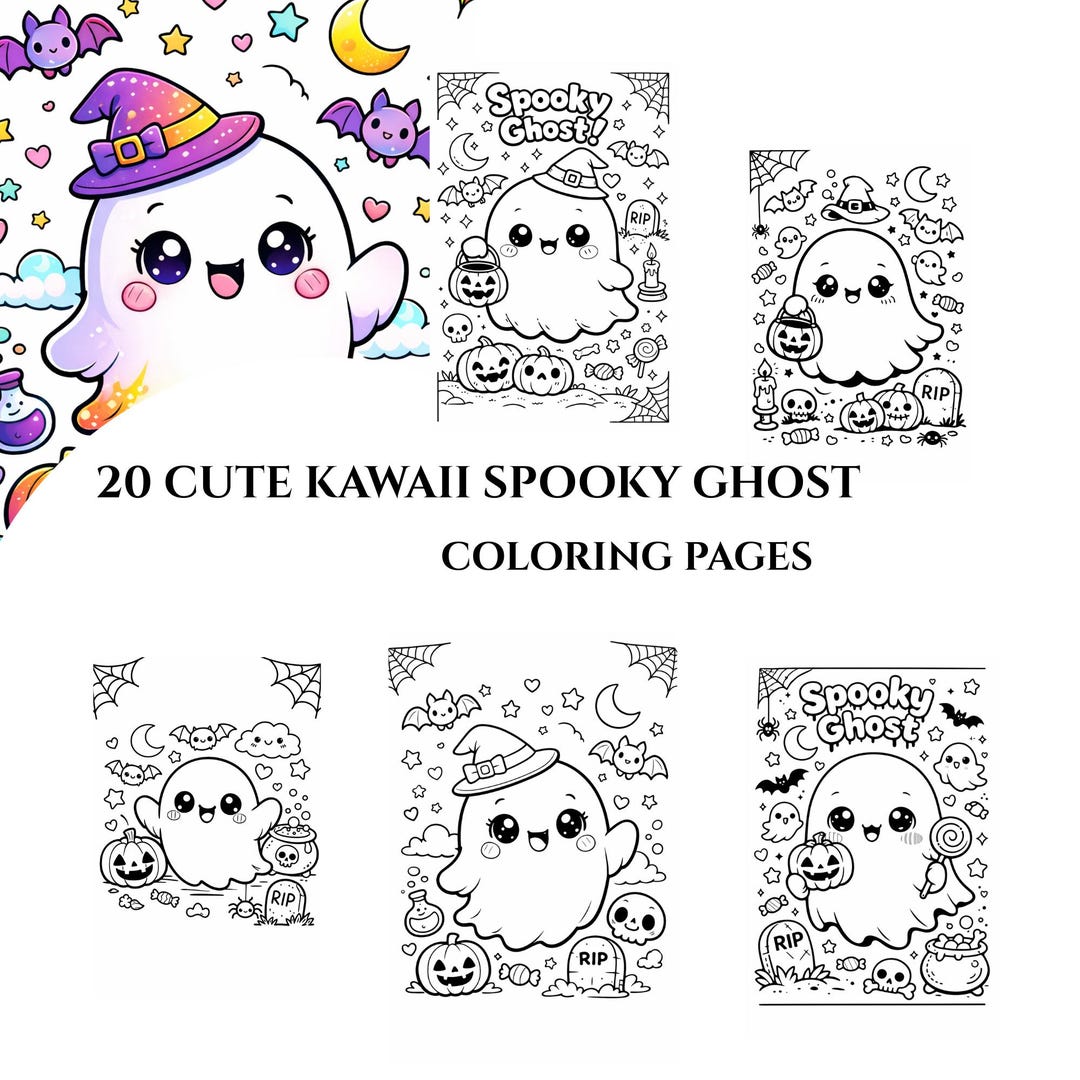 Kawaii Spooky Ghost Coloring Pages – 20 Grayscale Halloween Designs ...