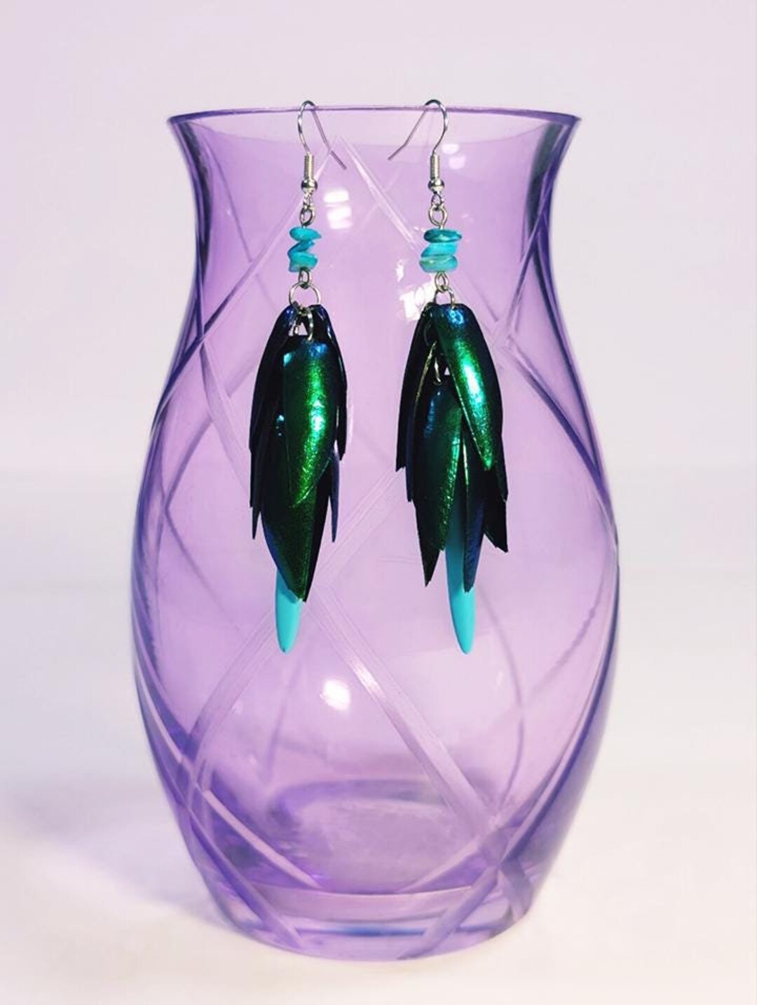 Green Elytra Beetle Wing Earrings With Turquoise Accents - Etsy