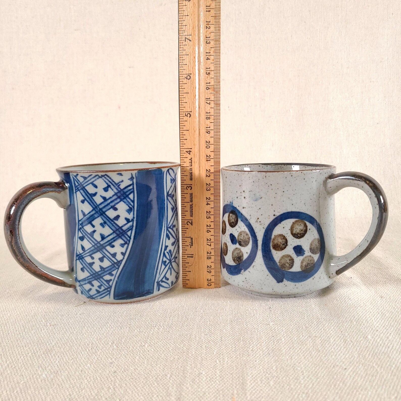 Vintage Stoneware Mugs Set of 2, Blue Gray Brown Geometric Design, Pair ...