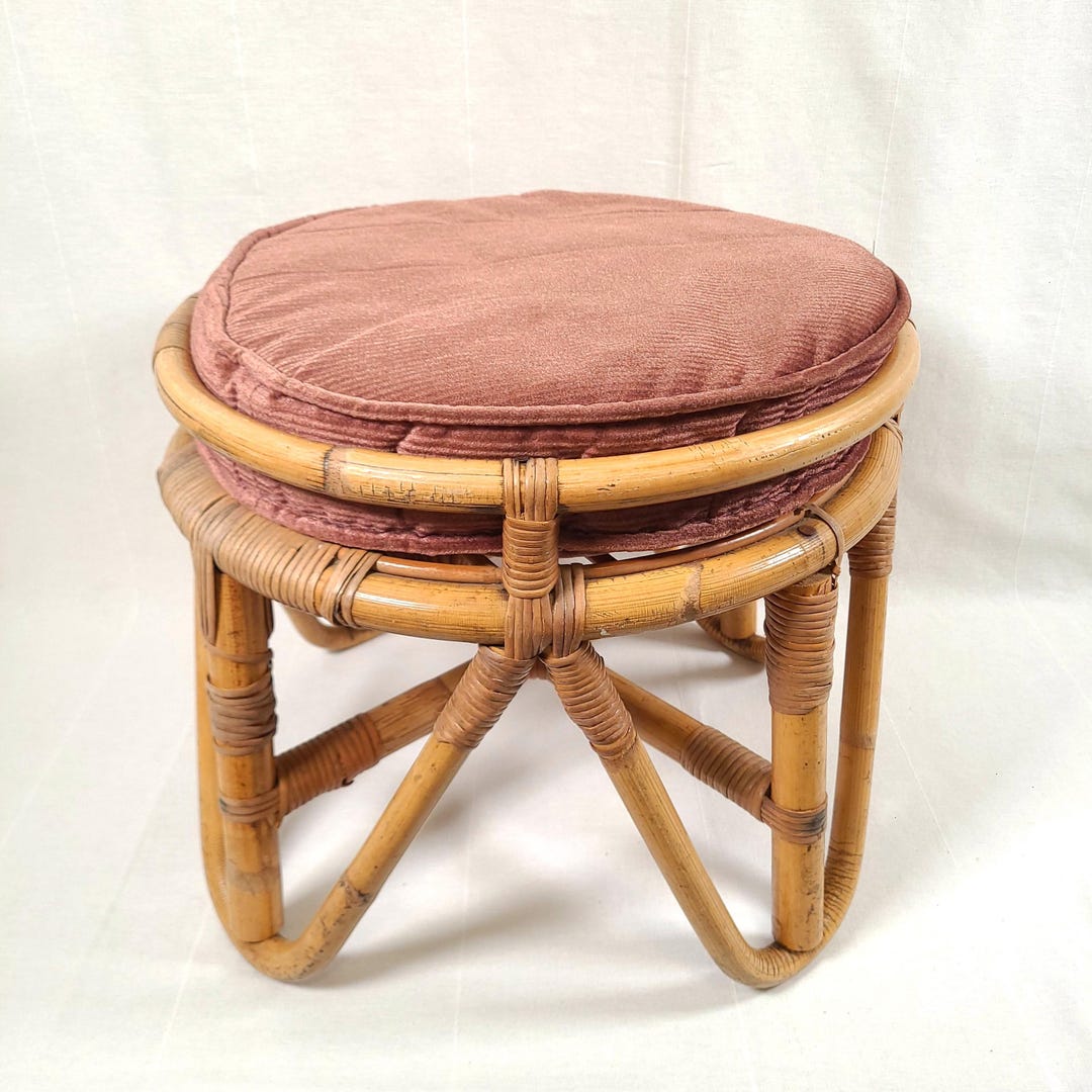 Bamboo Foot Stool With Cushion, Vintage Handmade Footrest, Round Boho ...