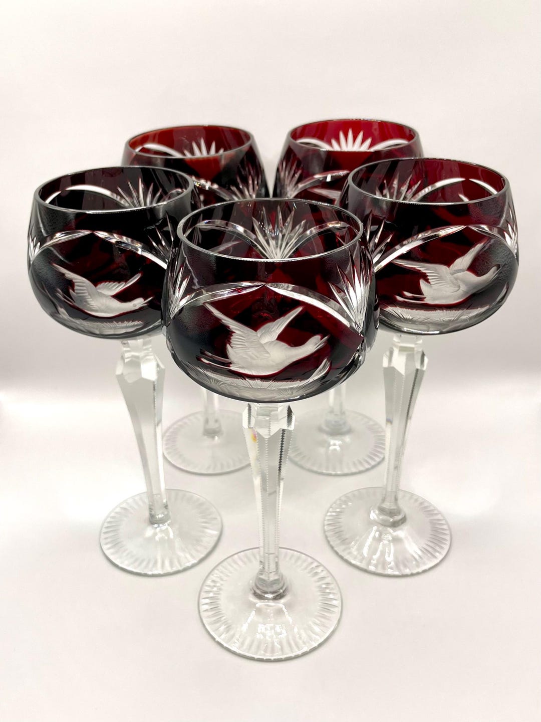 Set of 5 Vintage Bohemian Hand Cut Ruby Red Wine Glasses With Bird ...