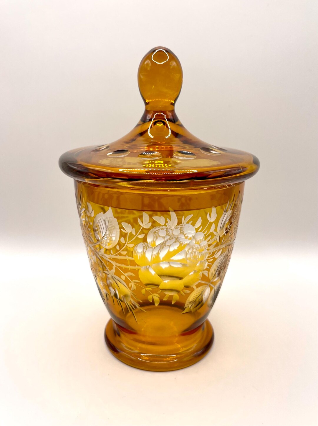 Amber Cut Glass Lidded Candy Dish – Hand-cut Bohemian Crystal Jar With ...