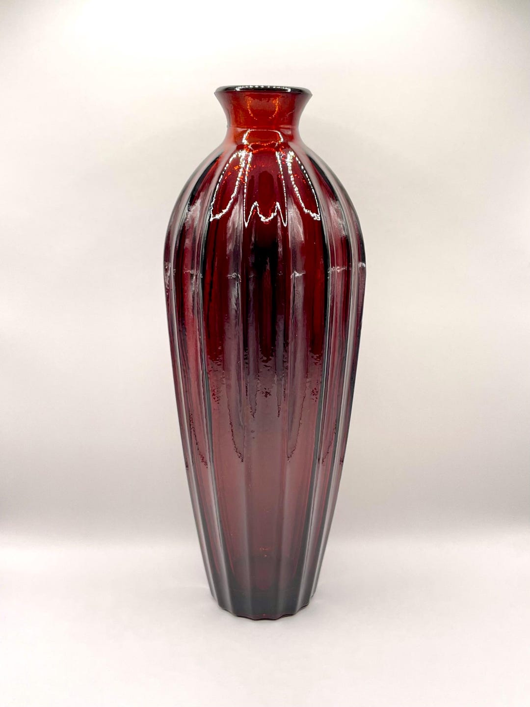 Vintage Ruby Red Glass Vase – Tall Fluted Art Deco Design for Mid ...