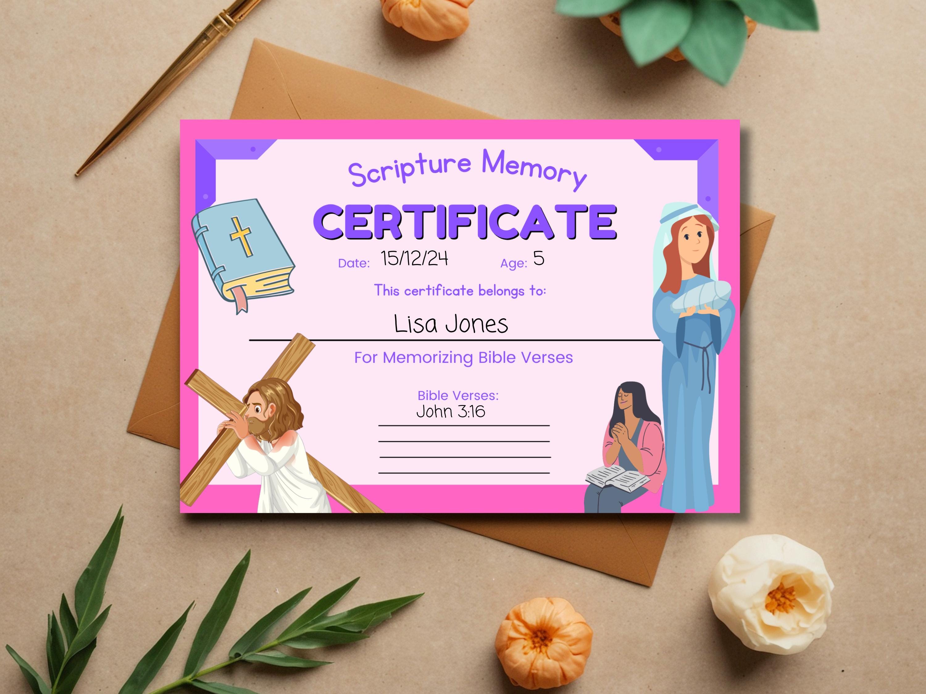 Sunday School Scripture Memory Certificate: Kids Church Achievement ...