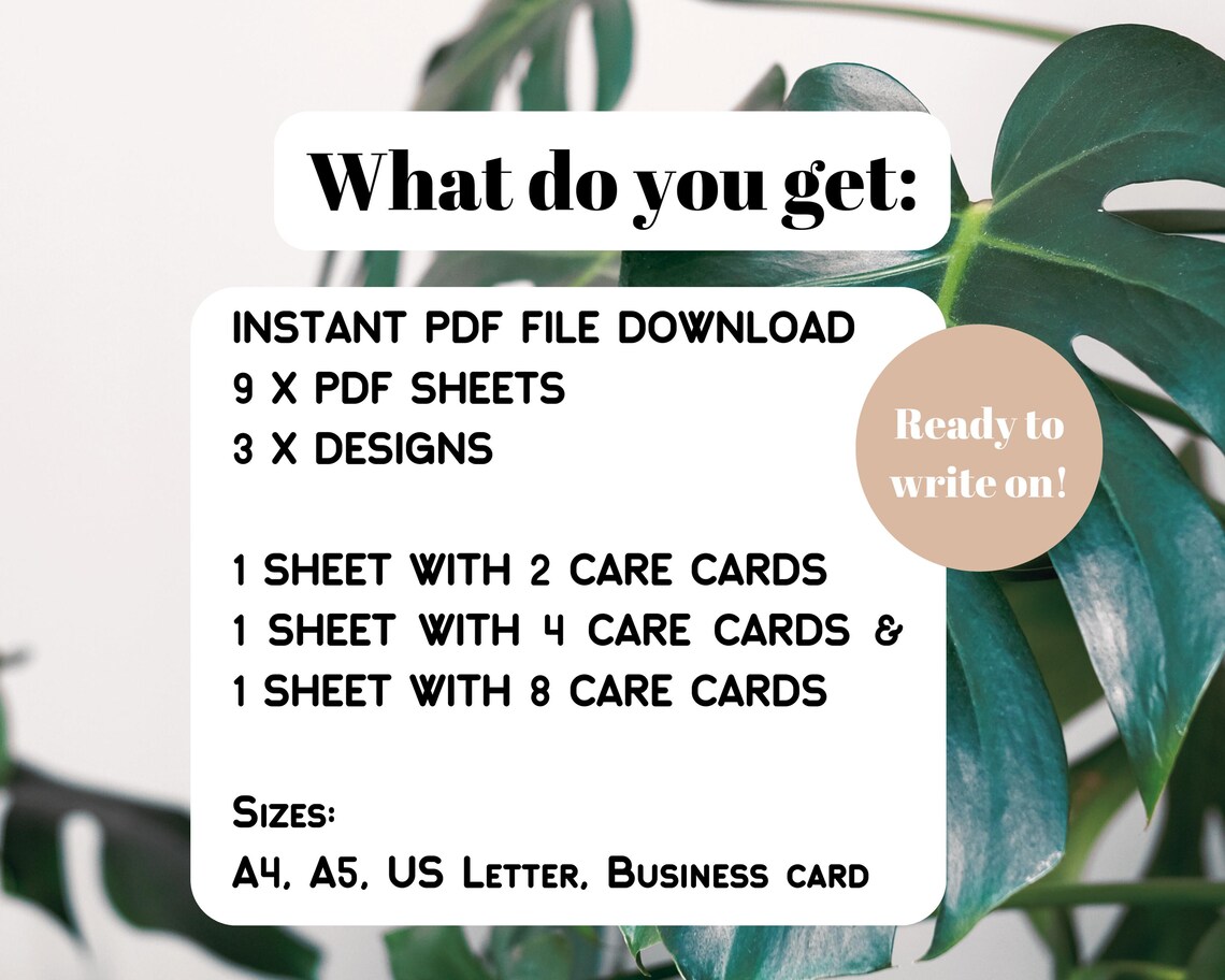 Indoor Plant Care Cards, Printable Instruction Tags for Houseplants ...