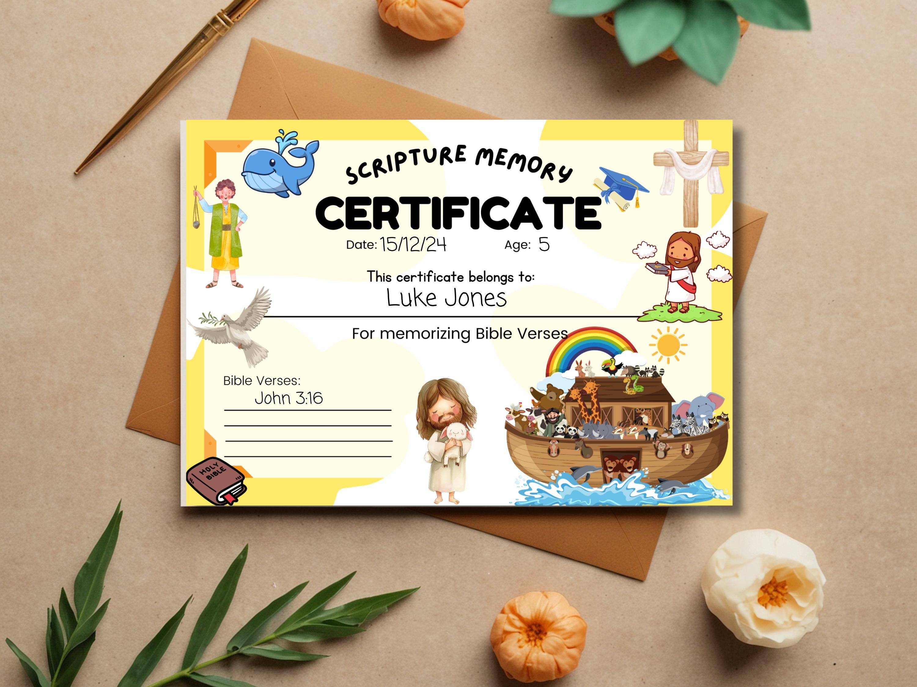 Bible Verse Memorization Certificates for Kids, Sunday School ...