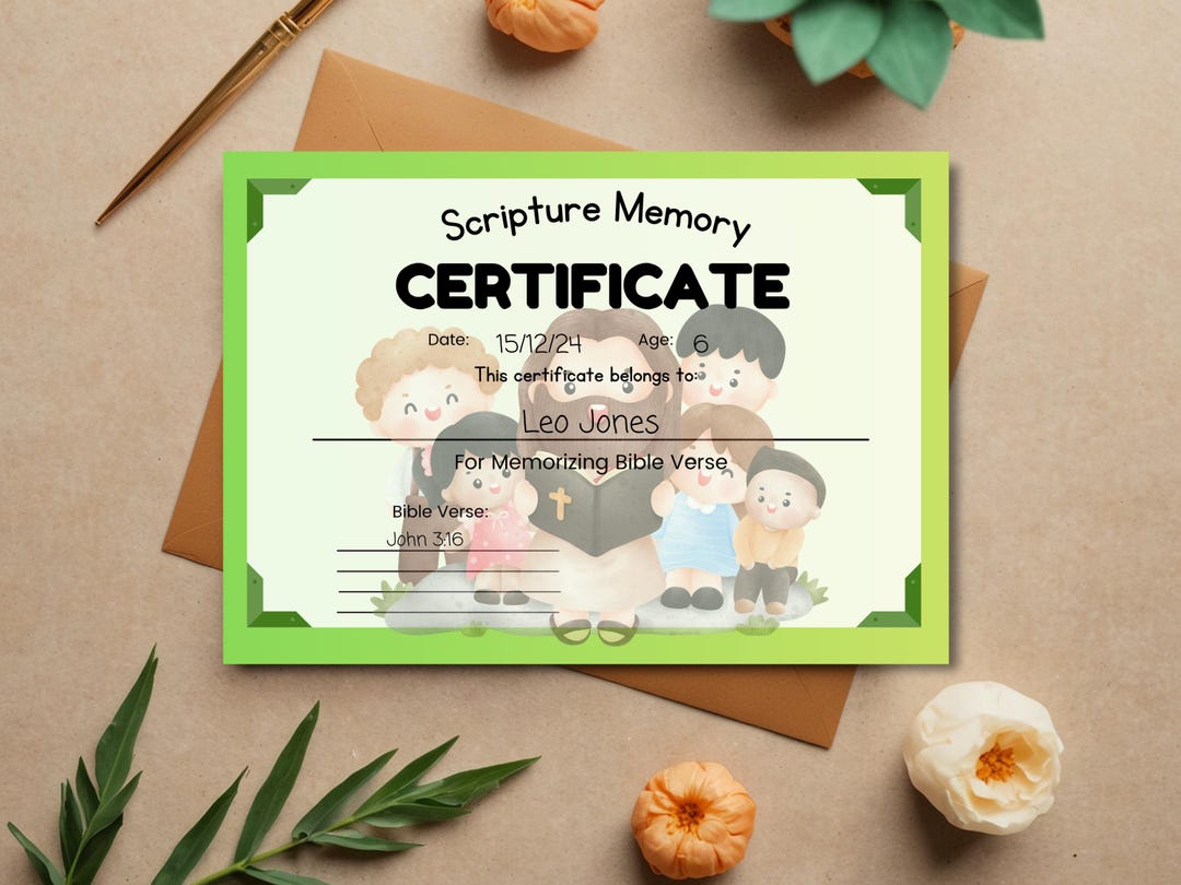 Kids Bible Verse Memory Certificate: Sunday School Achievement Cards ...