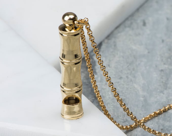 Bamboo Whistle Necklace, Long Gold Metal Whistle Pendant, Vintage ...