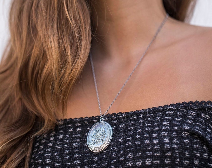 Silver Locket Necklace, Long Necklace, Long Necklace, Ornate Pendant ...